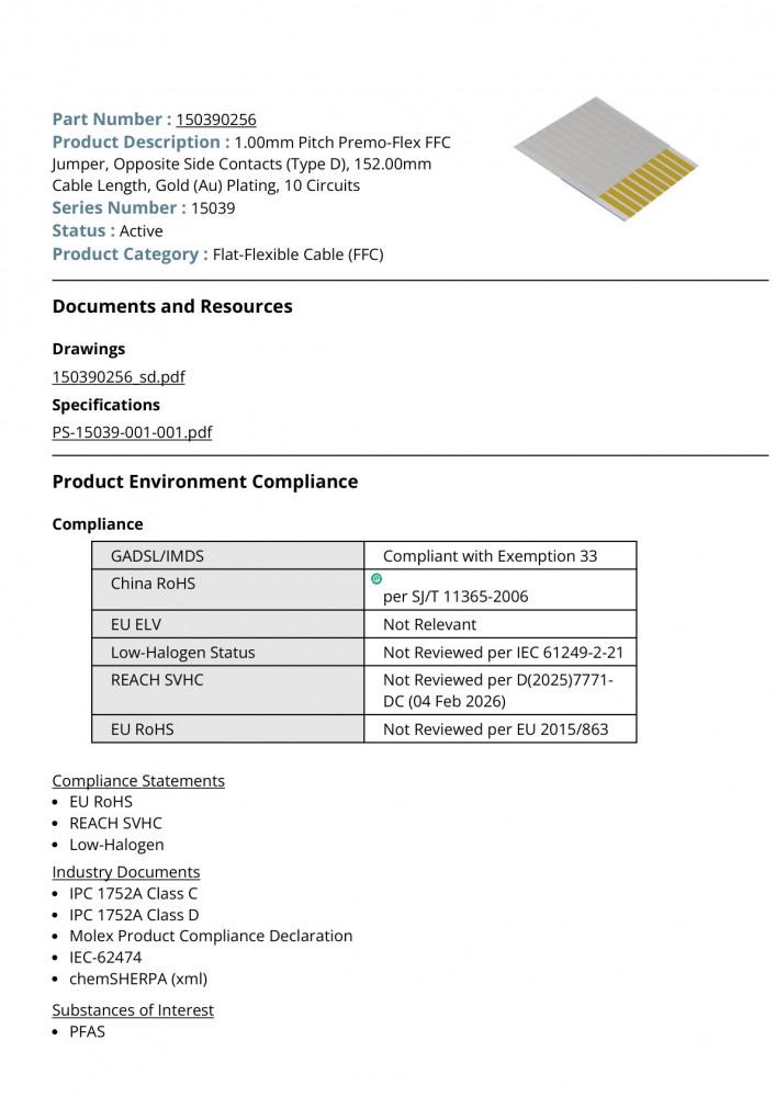Molex 1.00 mm pitch FFC family specification, page 1