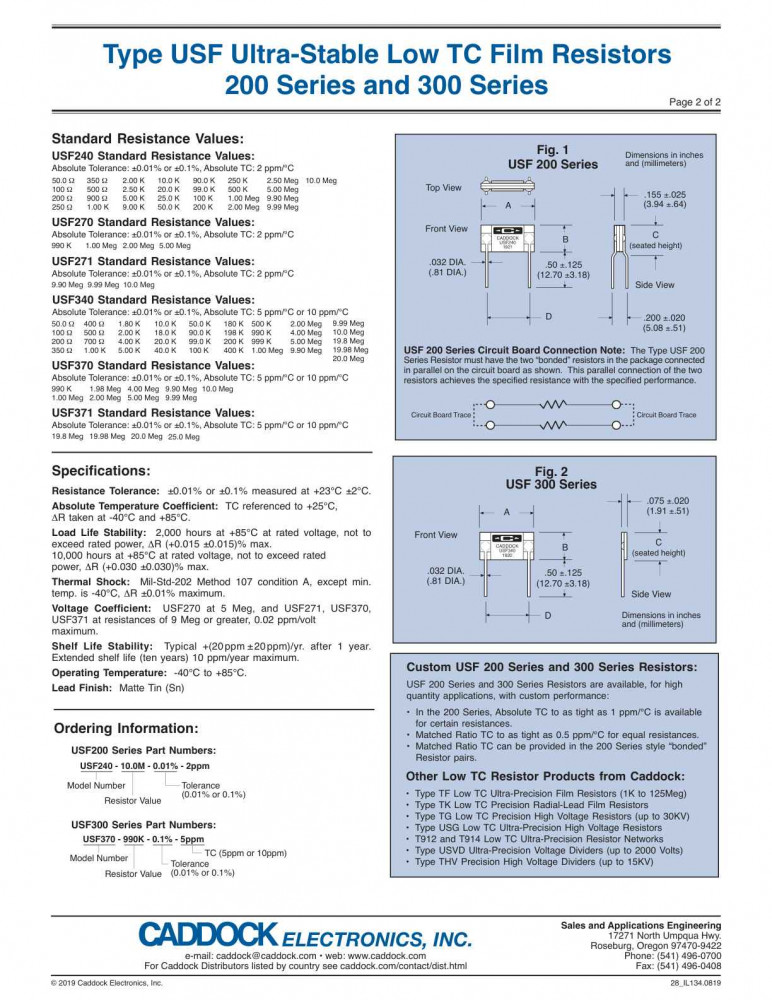 Caddock USF ultra-stable resistor datasheet page 2