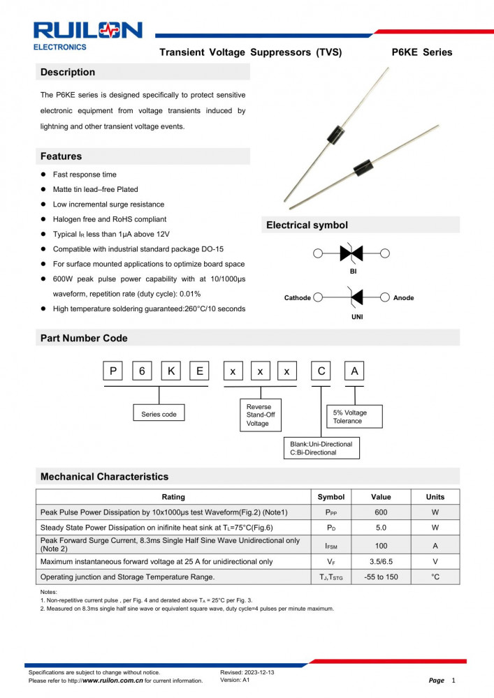 P6KE82CA datasheet page 1