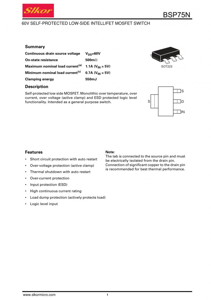 BSP75N datasheet page 1
