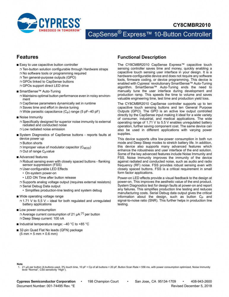 CY8CMBR2010 technical document page 2