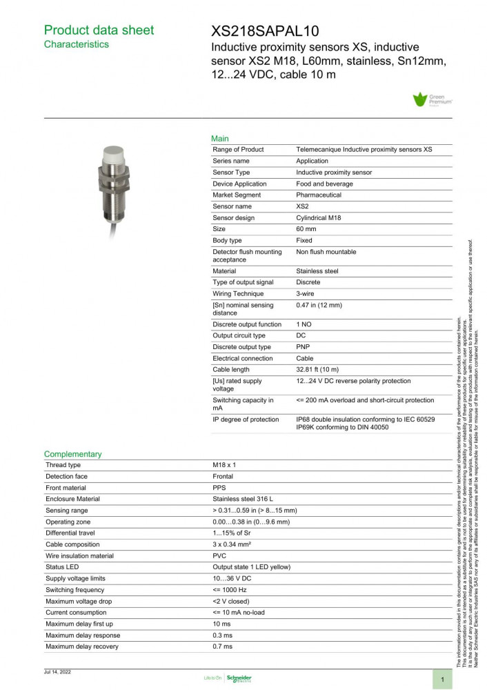 XS218SAPAL10 technical document page 1