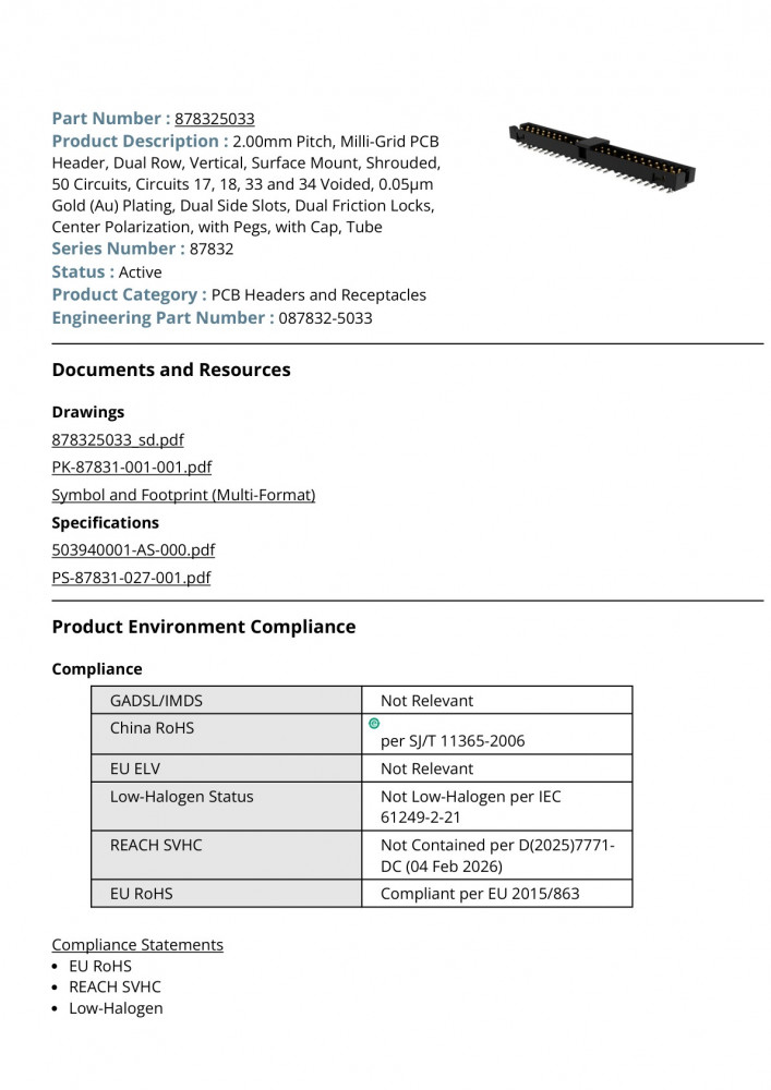 Technical document page 1 for MOLEX 878325033