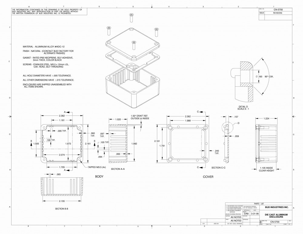 Bud Industries CN-5700 die-cast aluminum enclosure drawing preview