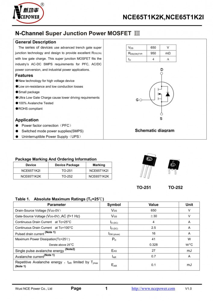 NCE65T1K2I datasheet page 1