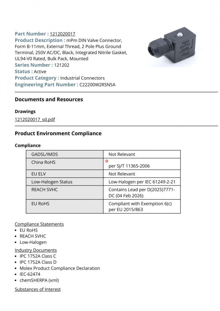 MOLEX 121202 industrial series technical drawing page 1