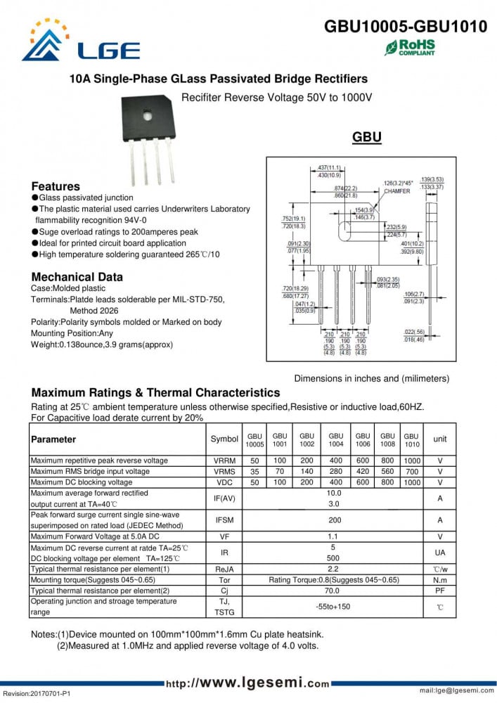 LGE GBU series bridge rectifier datasheet page