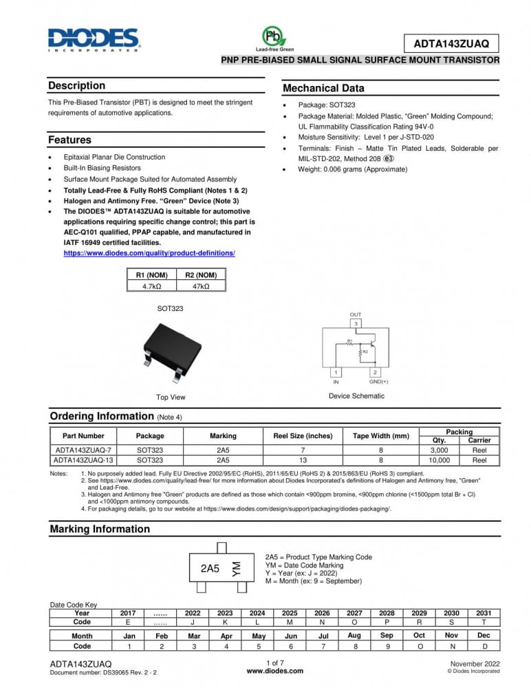 ADTA143ZUAQ-7 datasheet page 1