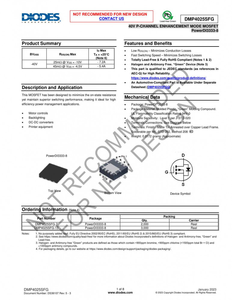 DMP4025SFG-13 datasheet page 1