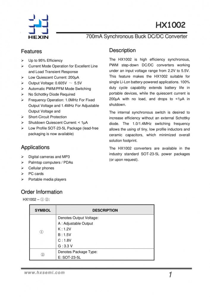 HX1002 datasheet page 1