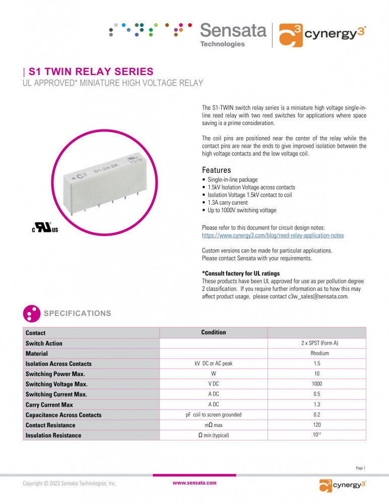 Sensata S1-TWIN relay datasheet page 1