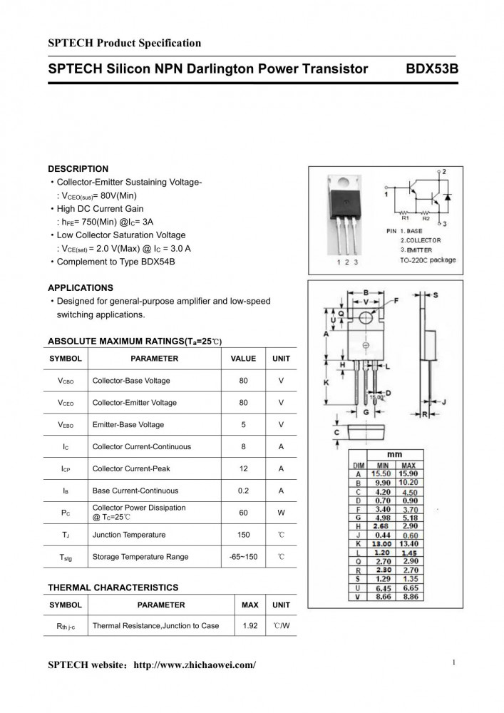 BDX53B technical document page 1