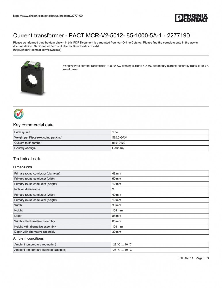Phoenix Contact 2277190 product document page 1
