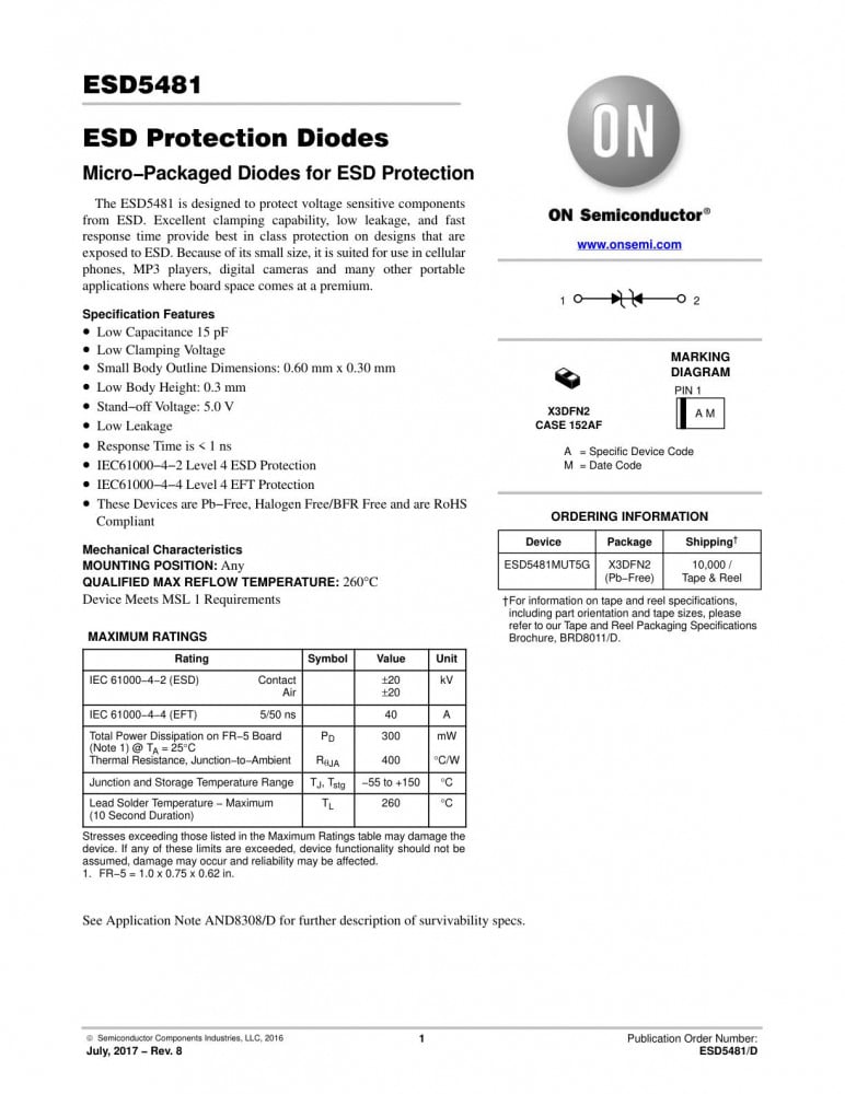 ESD5481MUT5G datasheet page 1