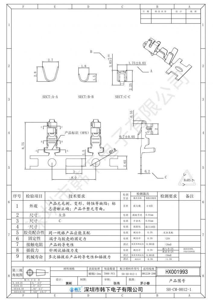 HX001993 specification page 1