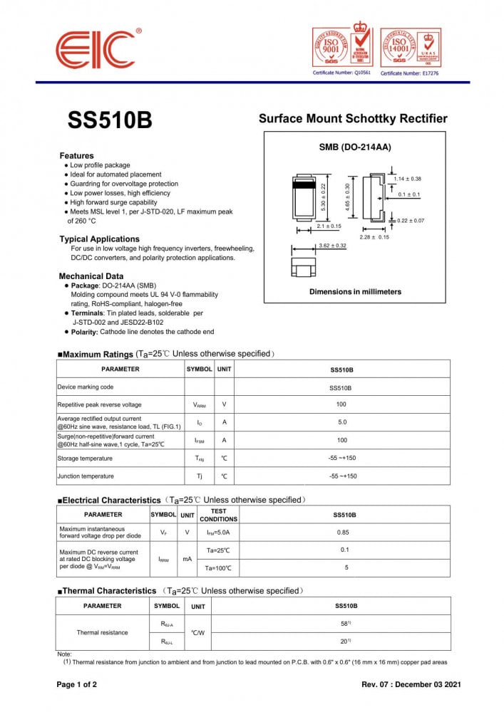 EIC SS510B datasheet page 1
