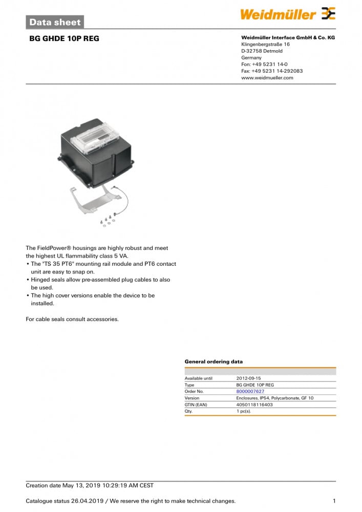 WEIDMULLER BG GHDE 10P REG technical document page 1