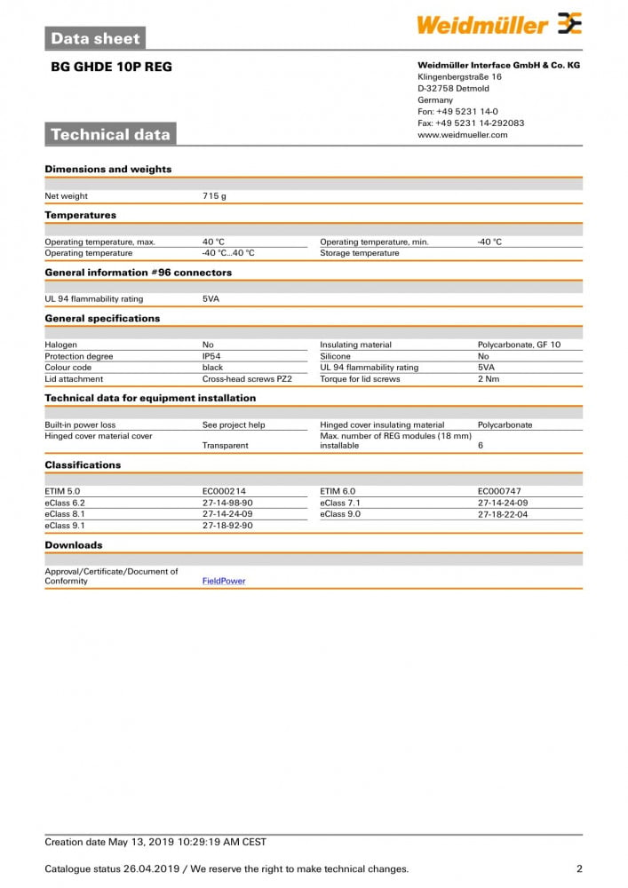 WEIDMULLER BG GHDE 10P REG technical document page 2