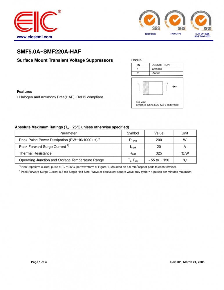 EIC SMF7.0A-HAF datasheet page 1