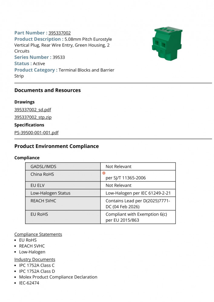 ESE Eurostyle terminal block product specification, page 1