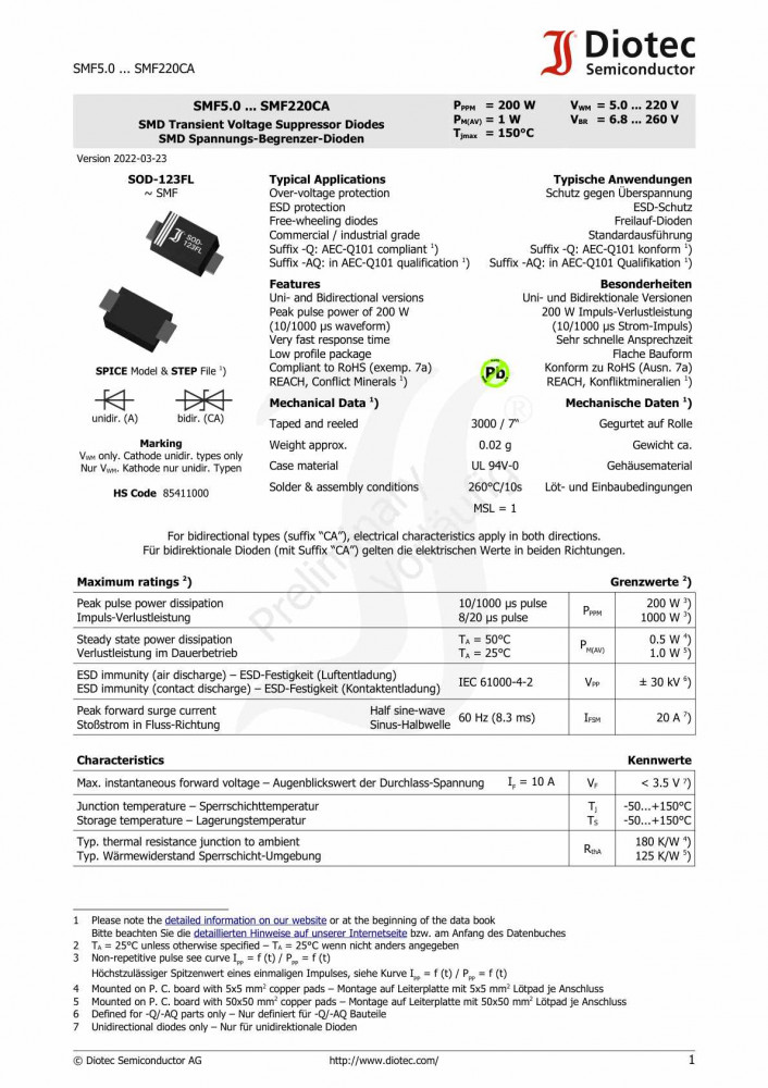 DIOTEC SMF series datasheet page 1