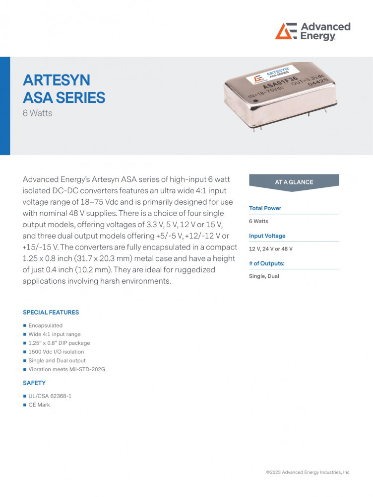 Artesyn ASA series document page 1