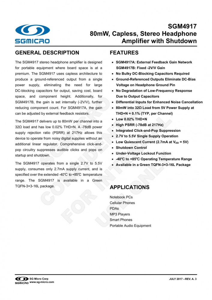 SGM4917B datasheet page 1
