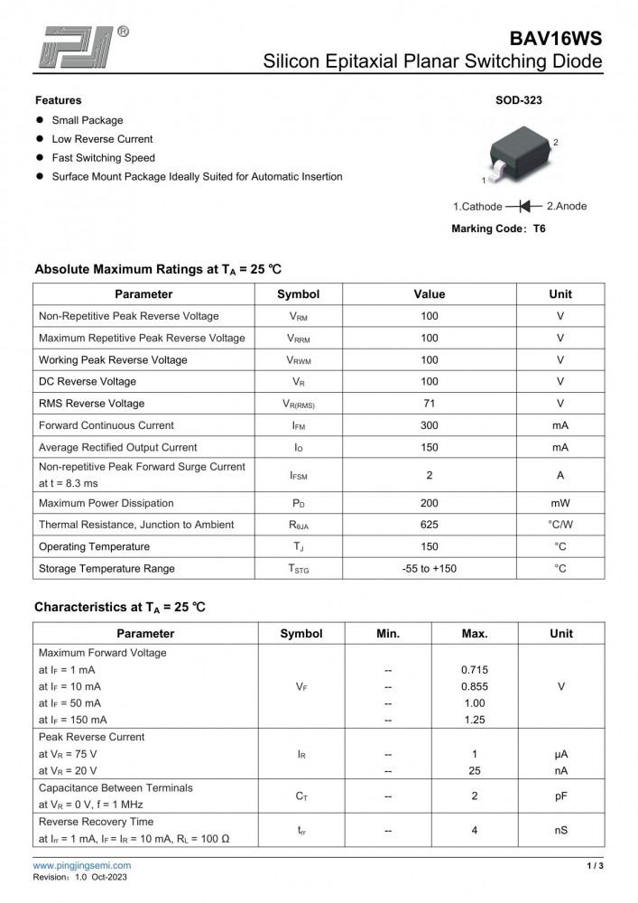 BAV16WS technical document, page 1