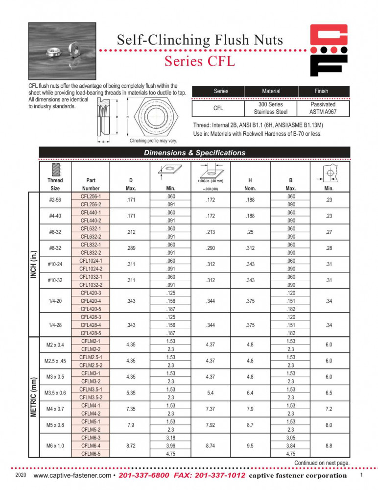 CFL flush nut technical document, page 1