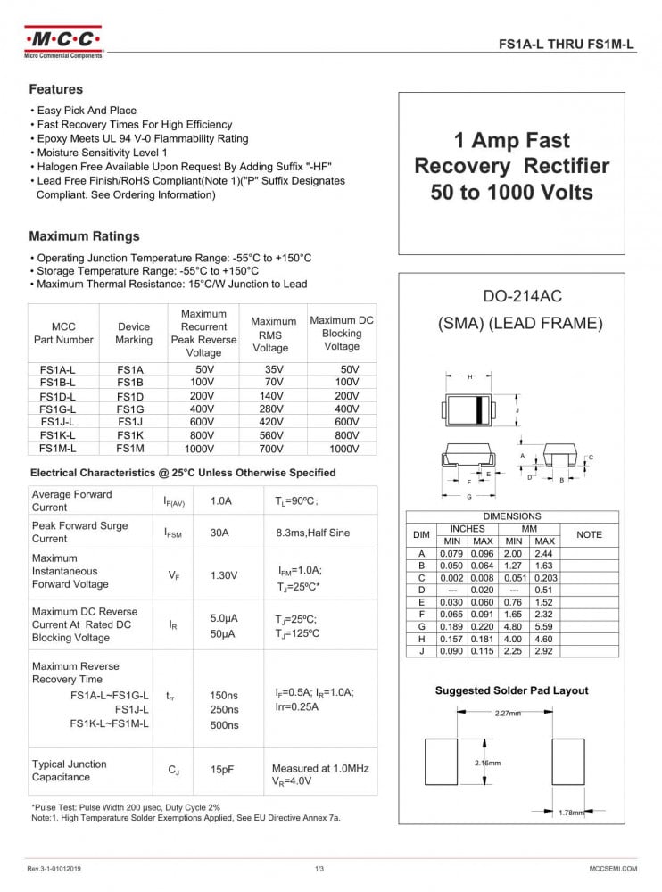 MCC FS1M-LTP datasheet page 1
