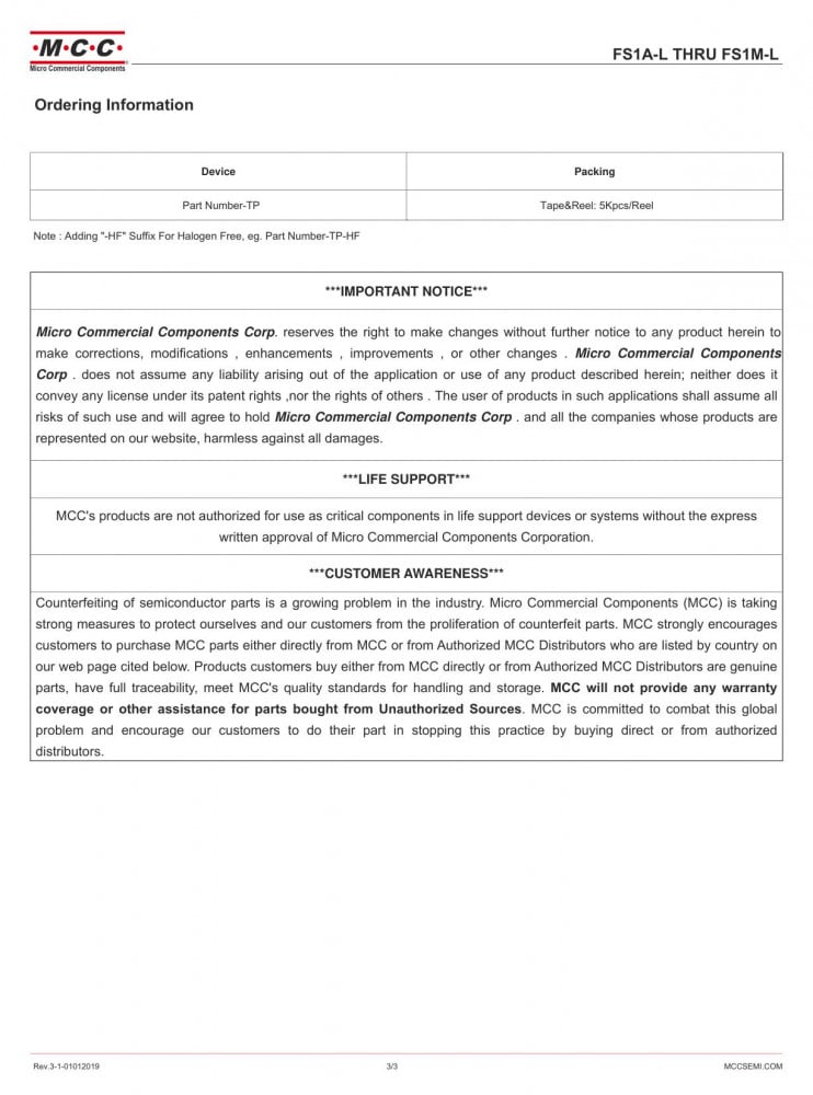 MCC FS1M-LTP datasheet page 3