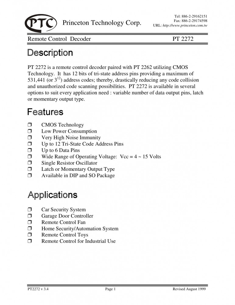 PT2272 datasheet page 1