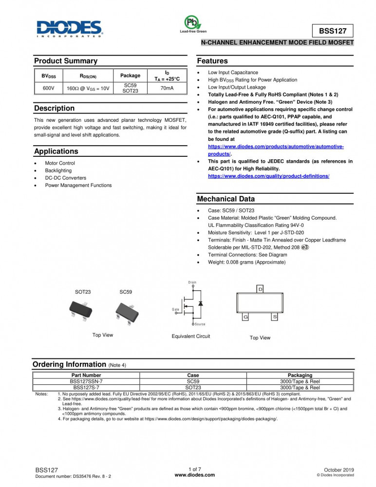 BSS127S-7 datasheet page 1