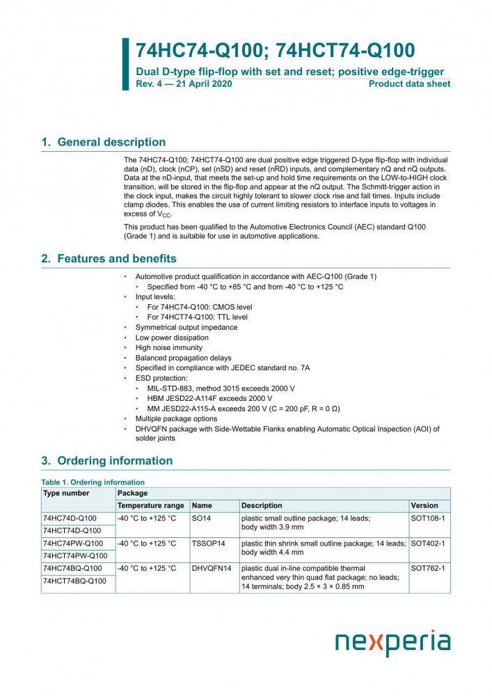 74HC74D-Q100HL datasheet page 1
