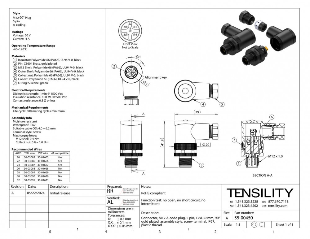 Tensility International 55-00450 M12 A-coded 5-pin right-angle plug product drawing