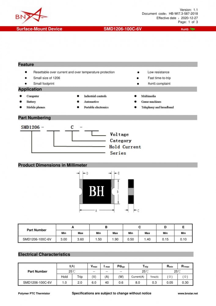 BNstar SMD1206-100C-6V datasheet page 1