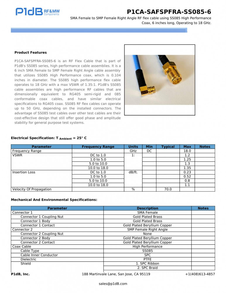 Technical document page 1 for P1CA-SAFSPFRA-SS085-6
