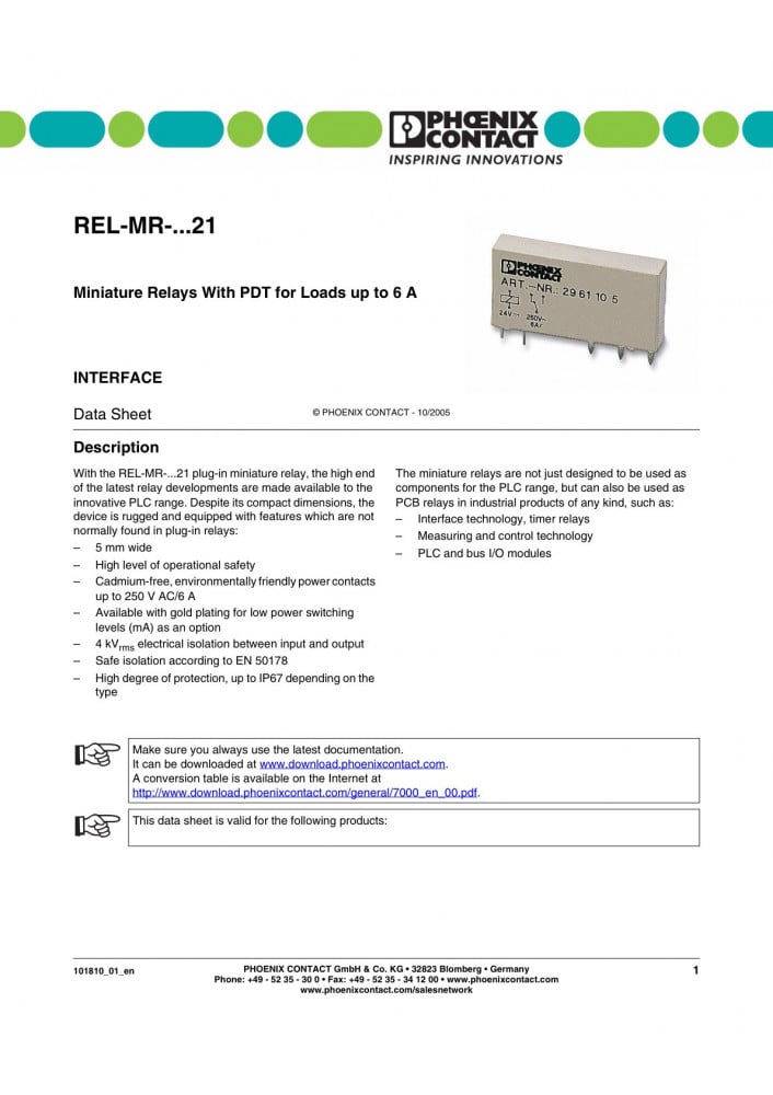 Phoenix Contact relay datasheet page 1