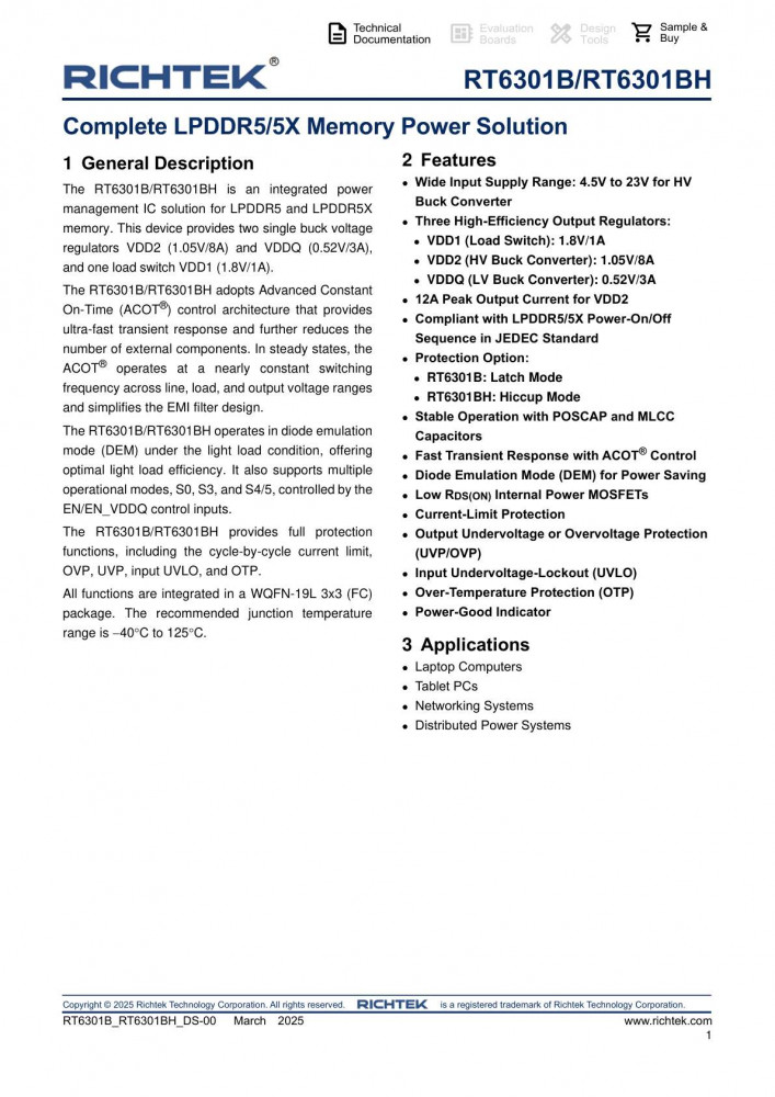 RT6301B/RT6301BH datasheet page 1