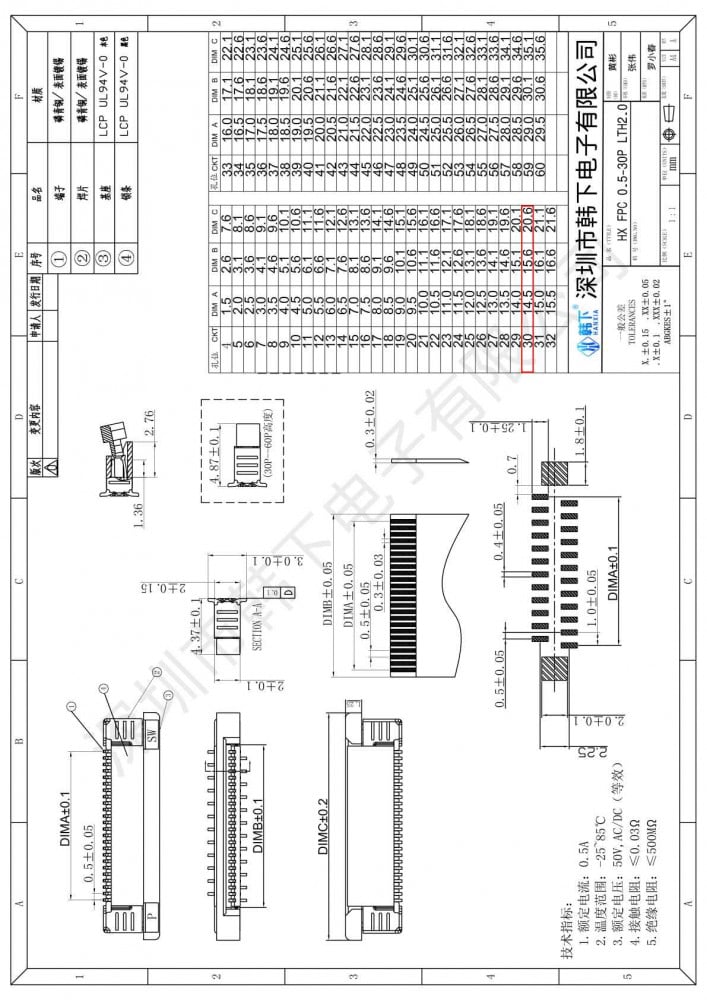 HX FPC 0.5-30 LTH2.0 specification page 1