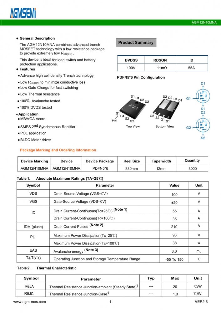 AGM12N10MNA datasheet page 1