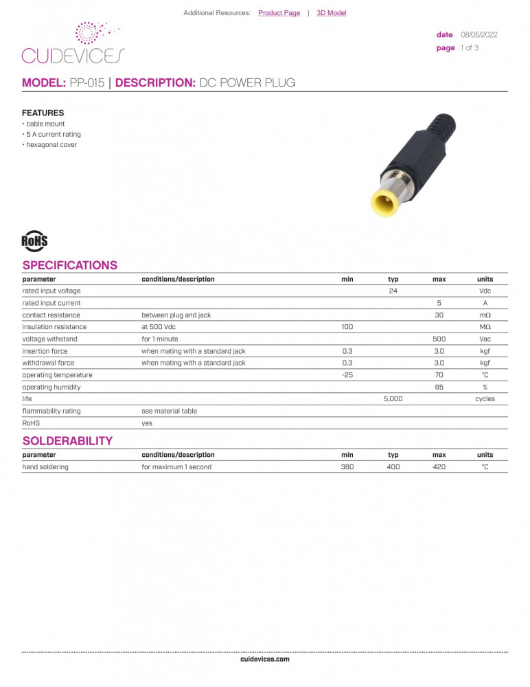 CUI PP-015 datasheet page 1