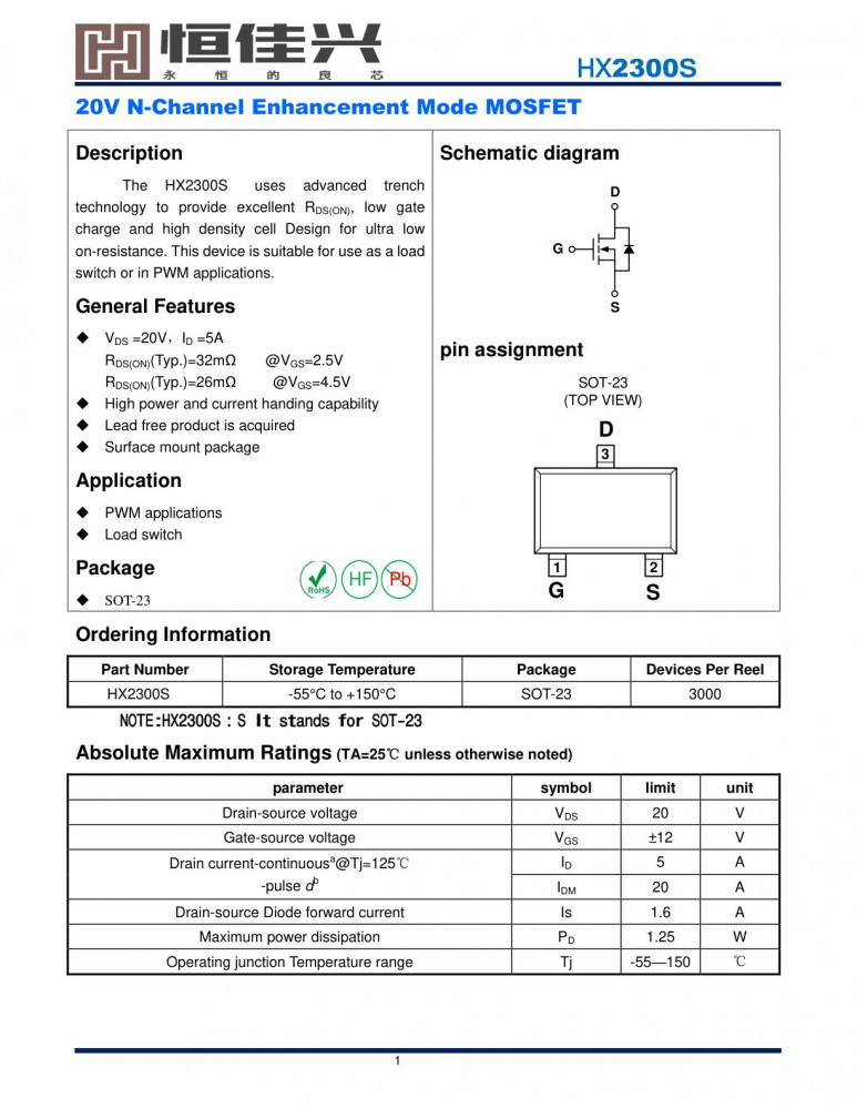 HX2300S datasheet page 1