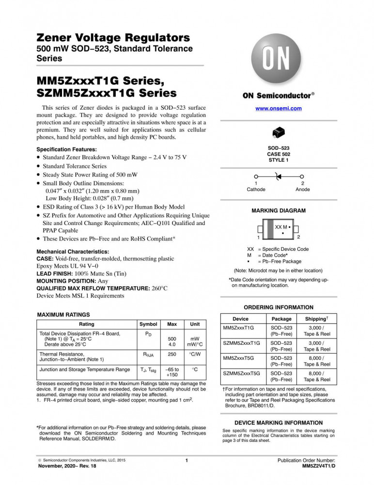SZMM5Z20VT1G datasheet page 1