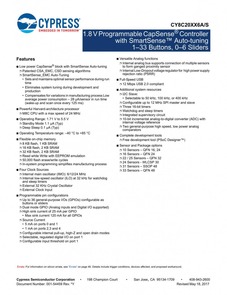 CY8C20336A-24LQXI technical document page 1