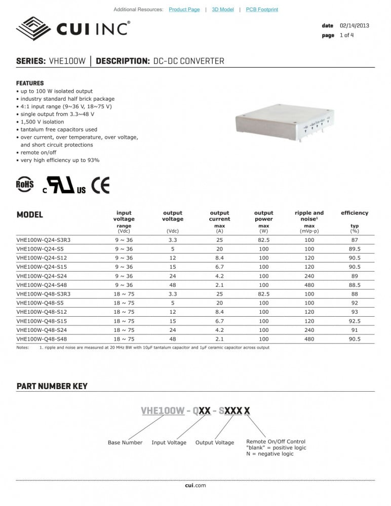 CUI VHE100W series datasheet page 1