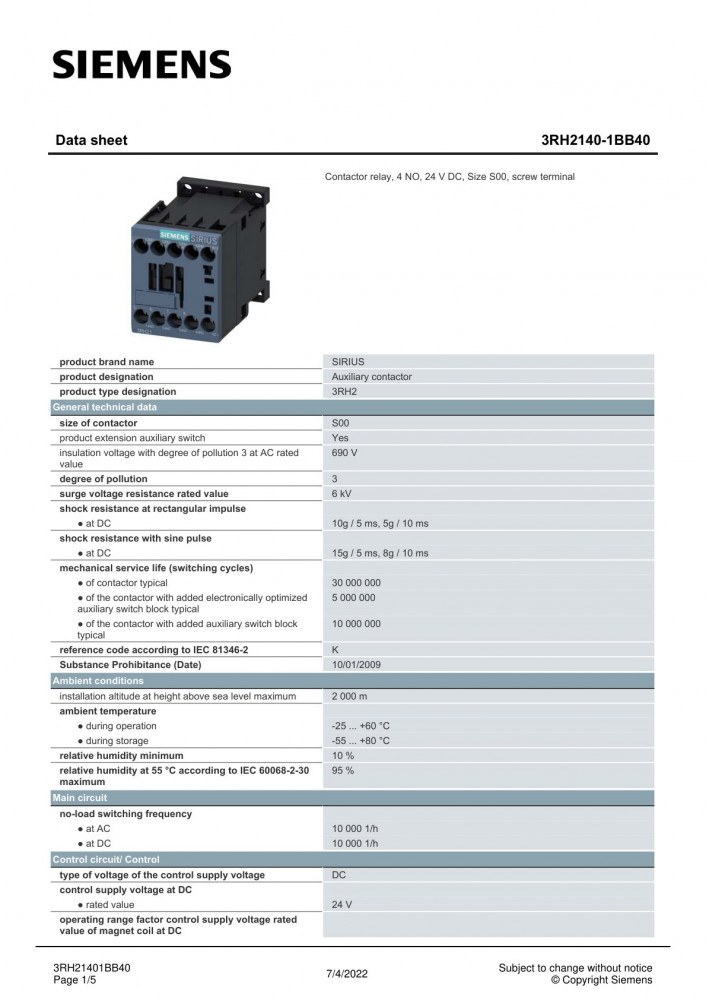 3RH2140-1BB40 technical document page 1