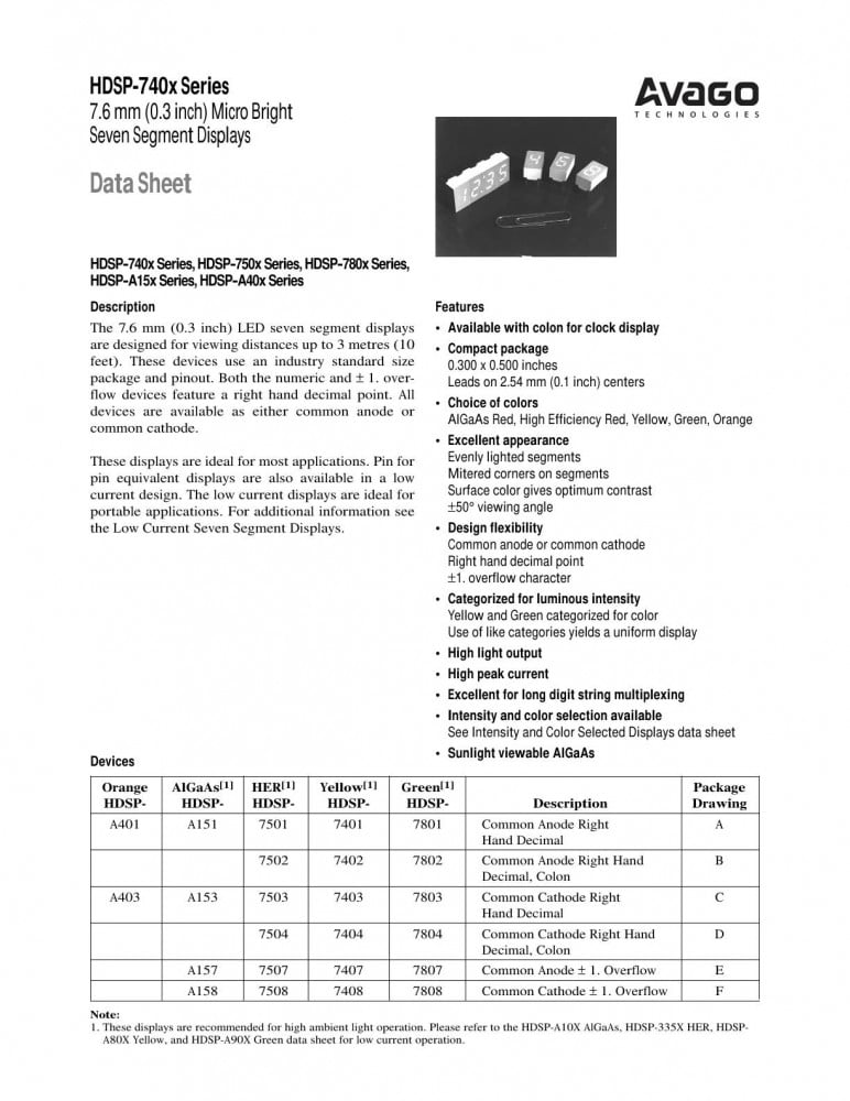 HDSP-7803 datasheet page 1
