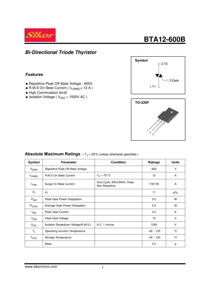 BTA12-600B datasheet page 1