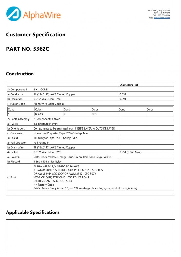 Alpha Wire 5362C technical specification page 1